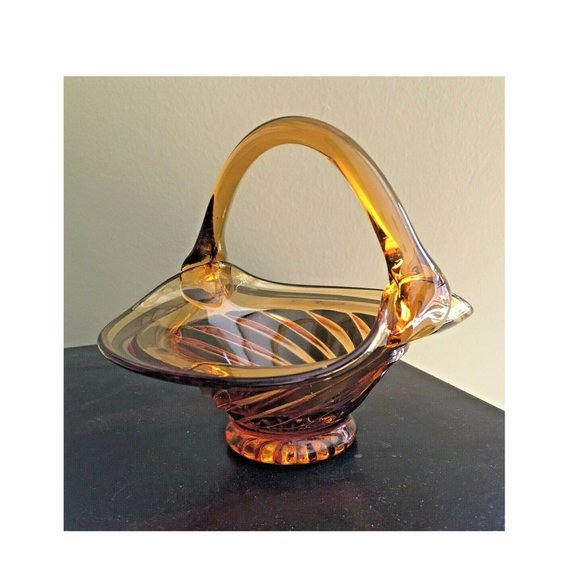 Unbranded | Accents | Vintage Amber Gold Glass Swirl Basket Hand Blown ...